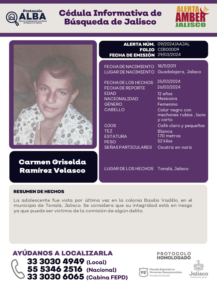Cédula AMBER Carmen G – Fiscalía Especial en Personas Desaparecidas